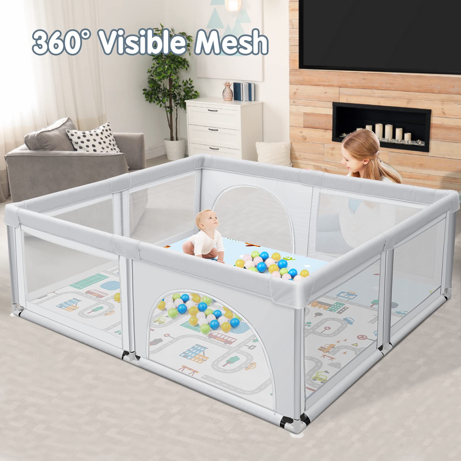 Baby Playpen with Mat, ALVOD 79''x71'' Baby Playard Baby Fence Play Area Extra Large Playpen for Babies and Toddlers, Safety Baby Playpen with Anti-Slip Base, Play Yard Kids Activity Center Home, Gray