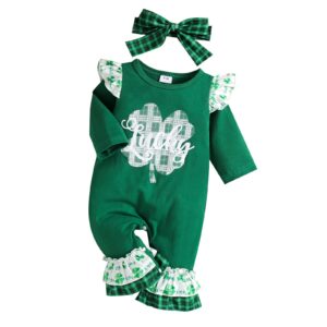 newborn baby girls ruffle jumpsuit long sleeve clover romper one-piece st. patrick day outfits+headband (0-3 months, green)