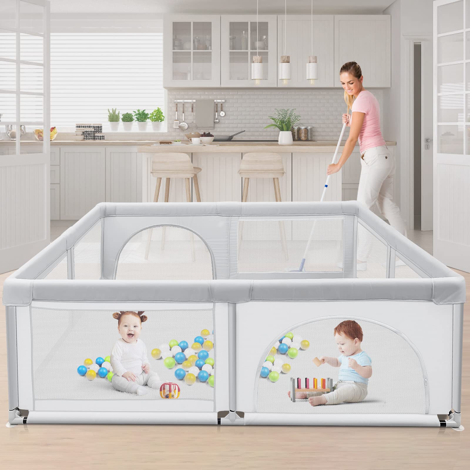 Baby Playpen, ALVOD 71x59'' Playpen for Toddler, Playpen for Babies with Gate, Baby Playard with Anti-Slip Sucker and Tear-Resistant Mesh, Indoor Outdoor Kids Activity Center, Sturdy Safety Baby Fence