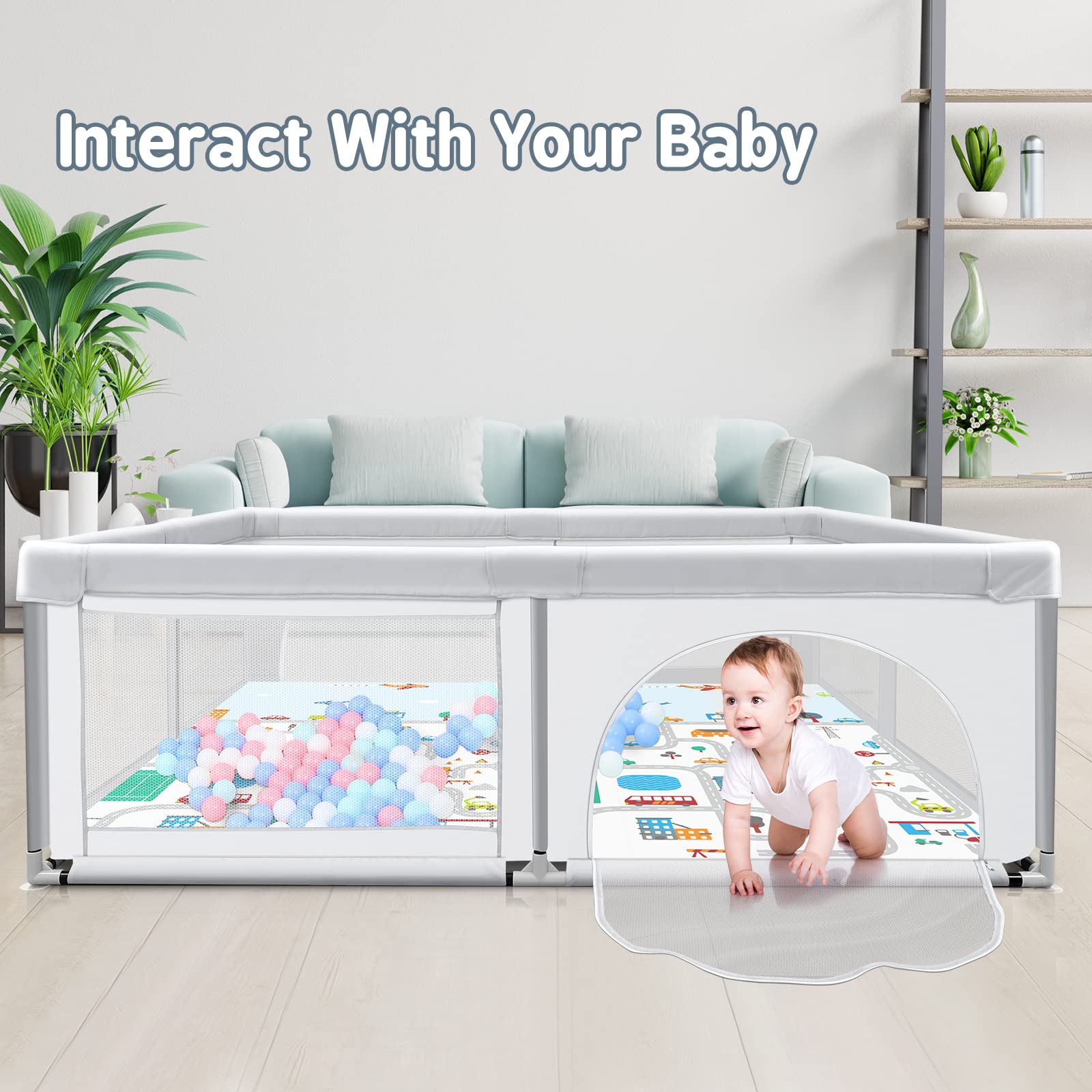 Baby Playpen with Mat, ALVOD 79''x71'' Baby Playard Baby Fence Play Area Extra Large Playpen for Babies and Toddlers, Safety Baby Playpen with Anti-Slip Base, Play Yard Kids Activity Center Home, Gray