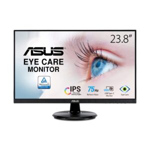 ASUS 23.8” 1080P Monitor (VZ24EHE) - Full HD, IPS, 75Hz, 1ms, Adaptive-Sync/FreeSync, Low Blue Light, Flicker Free, Ultra-Slim, VESA Mountable, Frameless, HDMI, VGA (Renewed)