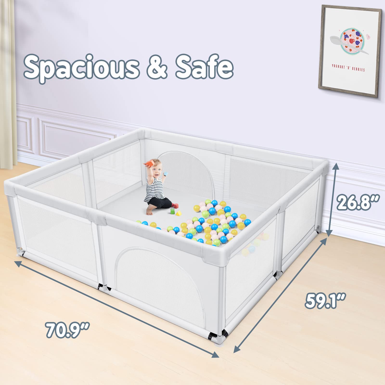 Baby Playpen, ALVOD 71x59'' Playpen for Toddler, Playpen for Babies with Gate, Baby Playard with Anti-Slip Sucker and Tear-Resistant Mesh, Indoor Outdoor Kids Activity Center, Sturdy Safety Baby Fence