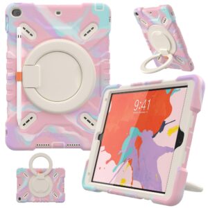 pepkoo triple shockproof case for ipad 9th/8th/7th generation 10.2 inch 2021/2020/2019, air 3rd generation 10.5”, rugged kid cover with pencil holder/handle kickstand/shoulder strap, colorful pink