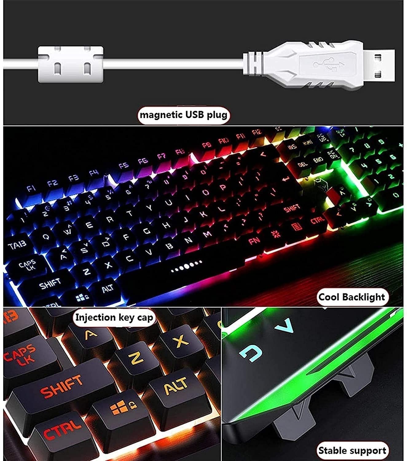 SMSOM Mechanical Gaming Keyboard, Wired RGB Rainbow Backlit Keyboard, Ergonomic Standard Keyboard for Desktop, Computer, PC (Black)