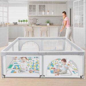 Baby Playpen with Mat, ALVOD 79''x71'' Baby Playard Baby Fence Play Area Extra Large Playpen for Babies and Toddlers, Safety Baby Playpen with Anti-Slip Base, Play Yard Kids Activity Center Home, Gray