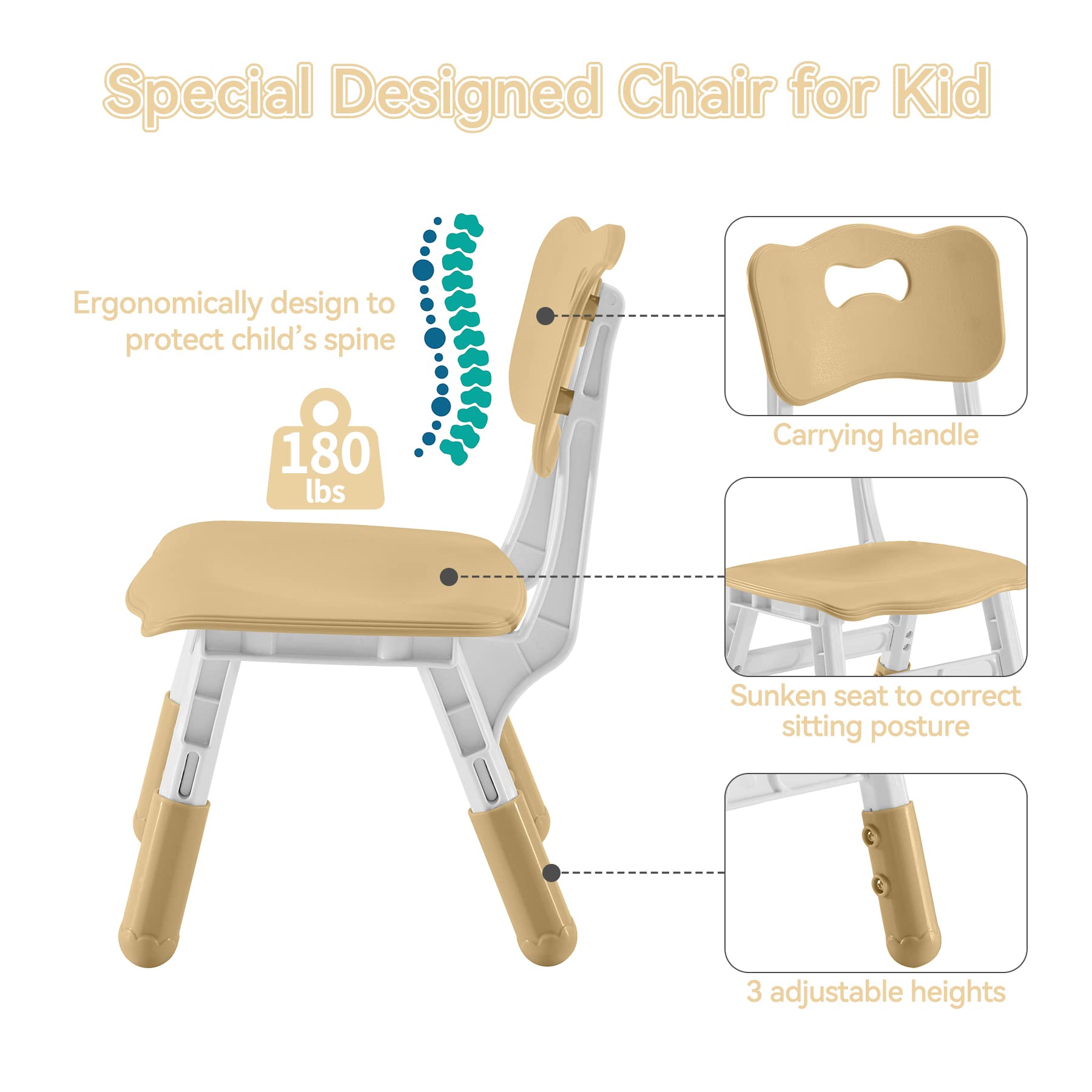 CuFun Kids Table and 4 Chairs Set, Children Study Desk, Dining Table, Height Adjustable Plastic Desk Painting Desktop Toddler Furniture for Boys and Girls (Beige)