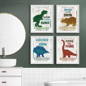 Dinosaur Room Decor for Boys Posters, Dinosaur Wall Decor Prints, Motivational Quote Room Decor, Dinosaur Photo Pictures for Kids Boys Nursery Bedroom Decorations(4 Pcs 8” X10”) (Bathroom)