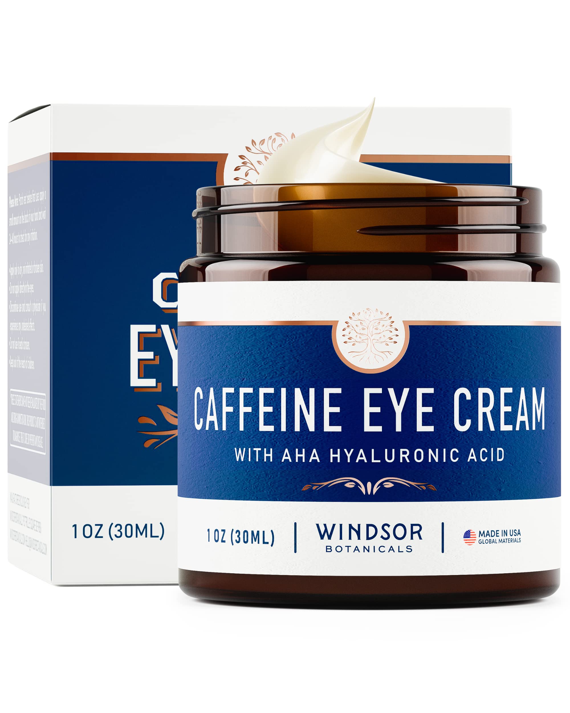 Caffeine Eye Cream for Dark Circles & Puffiness - Anti-Aging, Wrinkle Reducing, 100% Brazilian Coffee Oil, Hyaluronic Acid, 1 oz Boxed Version