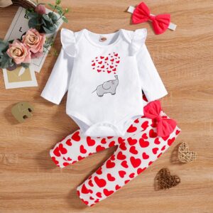 FOCICI Newborn Baby Girl Clothes Infant Valentines Day Outfit Elephant Romper Top Heart Pants Headband 3pc Set 0-3 Months