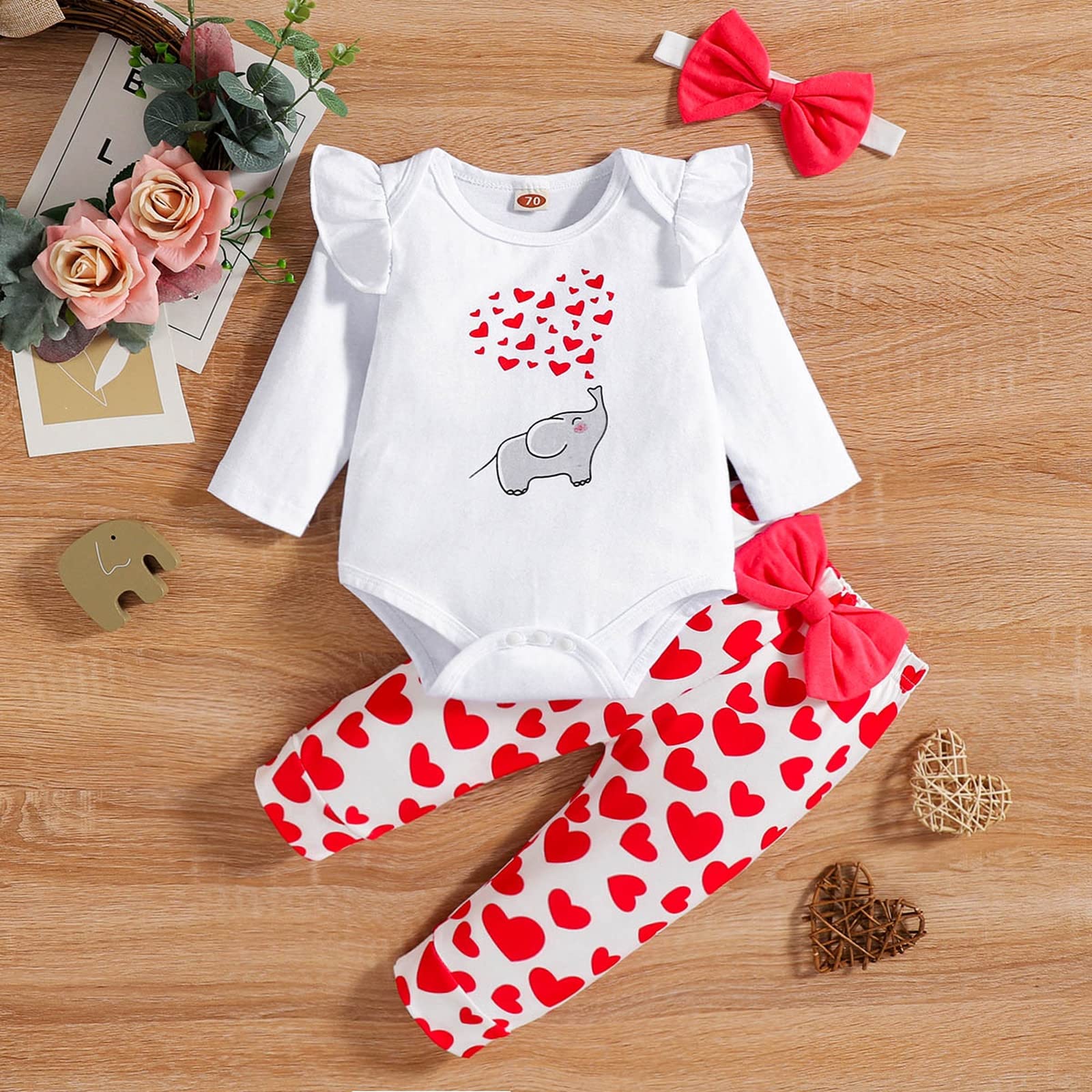 FOCICI Newborn Baby Girl Clothes Infant Valentines Day Outfit Elephant Romper Top Heart Pants Headband 3pc Set 0-3 Months