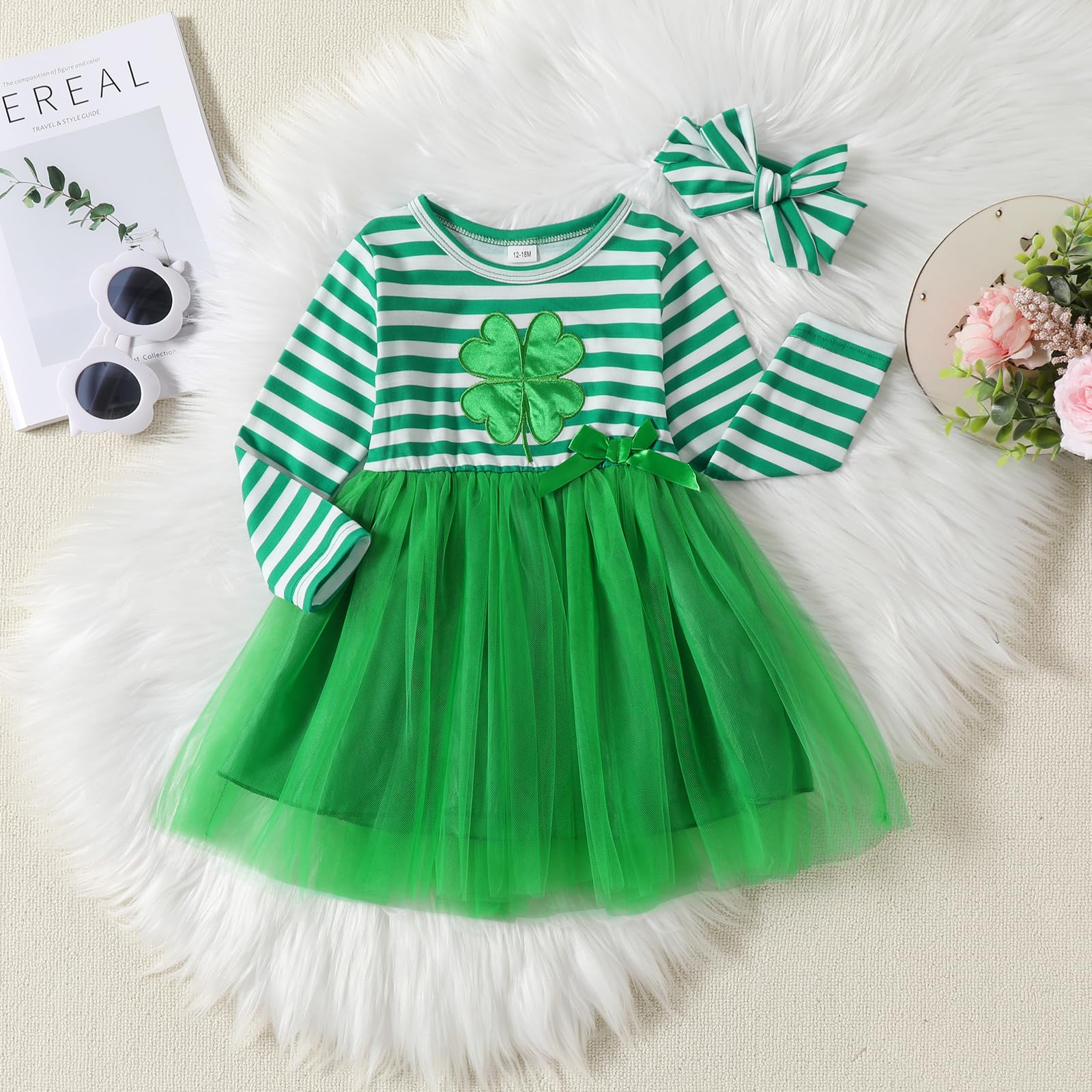 flower frail Toddler Baby Girl St. Patrick’s Day Outfit Stripe Tops Shamrock Green Mesh Dress Skirt Set with Headband 12-18M