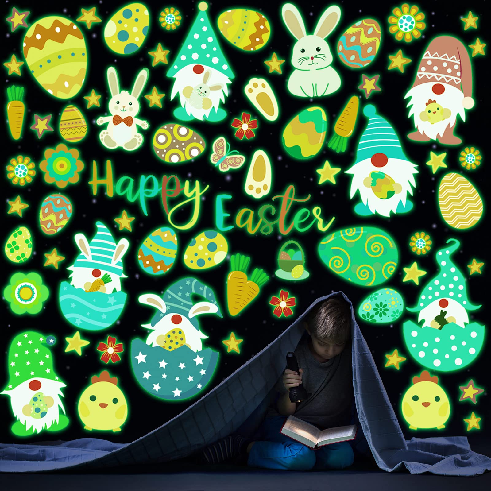 55 Pcs Glow in The Dark Stickers Wall Glowing Stickers Bunny Eggs Gnome Big Wall Decal Luminous Self Adhesive Stickers for Party Supplies Kids Room Nursery Classroom Wall Decor