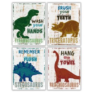 dinosaur room decor for boys posters, dinosaur wall decor prints, motivational quote room decor, dinosaur photo pictures for kids boys nursery bedroom decorations(4 pcs 8” x10”) (bathroom)