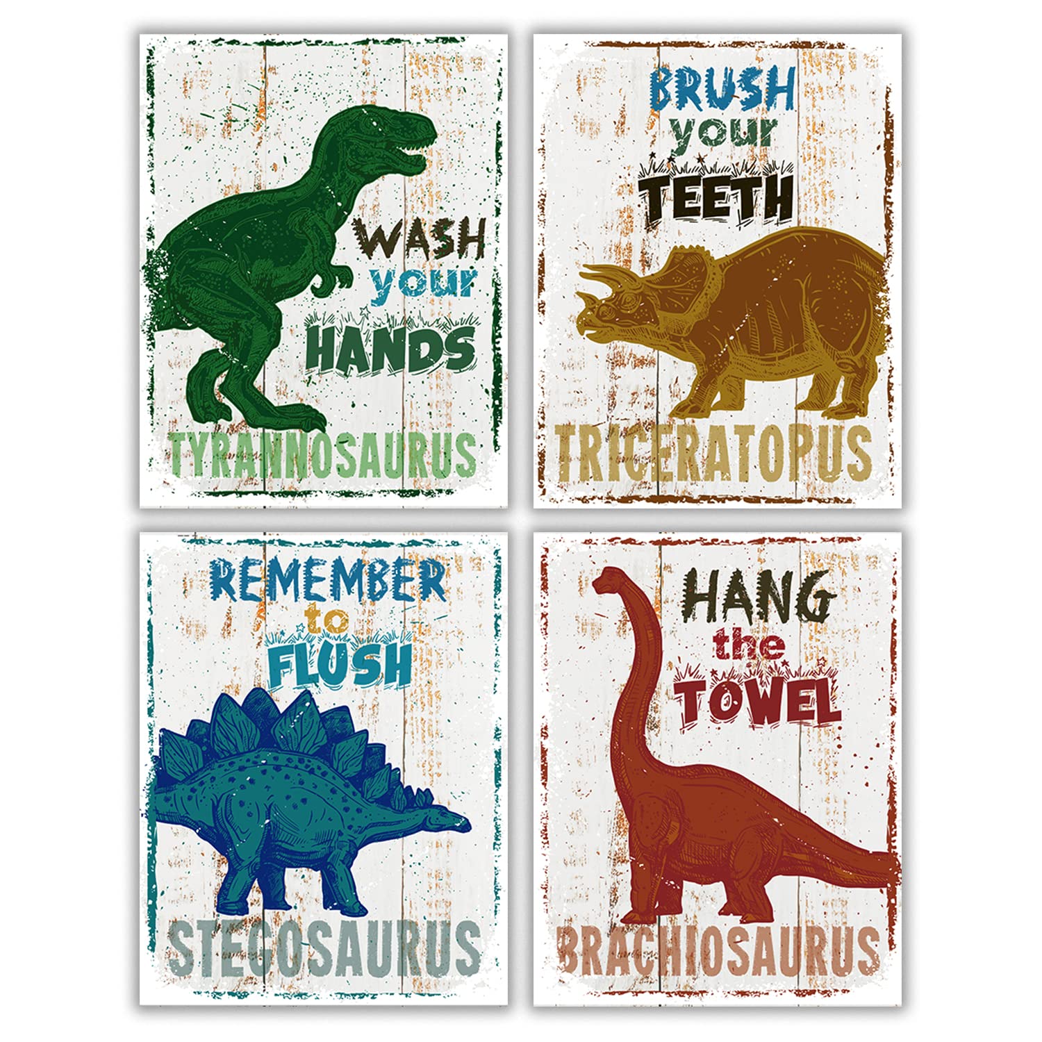 Dinosaur Room Decor for Boys Posters, Dinosaur Wall Decor Prints, Motivational Quote Room Decor, Dinosaur Photo Pictures for Kids Boys Nursery Bedroom Decorations(4 Pcs 8” X10”) (Bathroom)