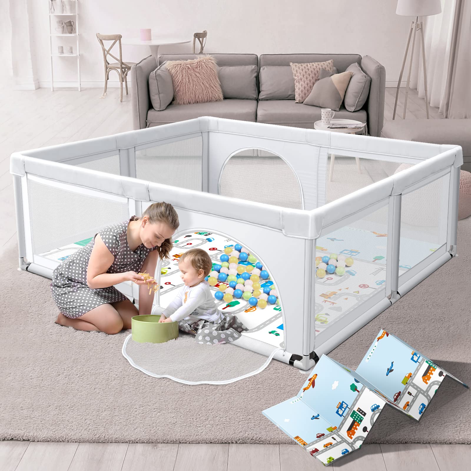 Baby Playpen with Mat, ALVOD 79''x71'' Baby Playard Baby Fence Play Area Extra Large Playpen for Babies and Toddlers, Safety Baby Playpen with Anti-Slip Base, Play Yard Kids Activity Center Home, Gray