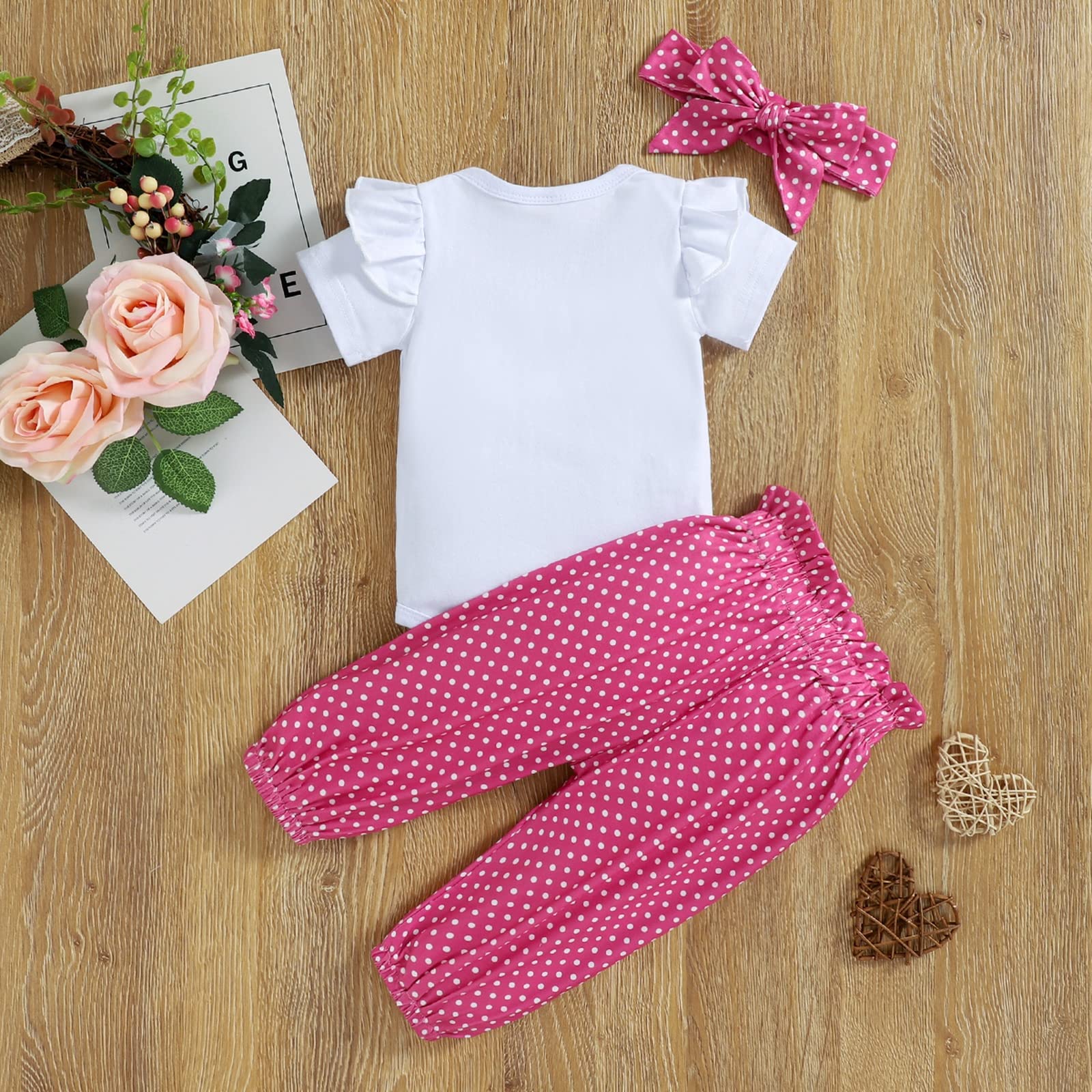 Dimoybabe My First Easter Baby Girl Outfit Infant Clothes Summer Romper Long Pants Headband 3pcs Set 0-3 Months Pink