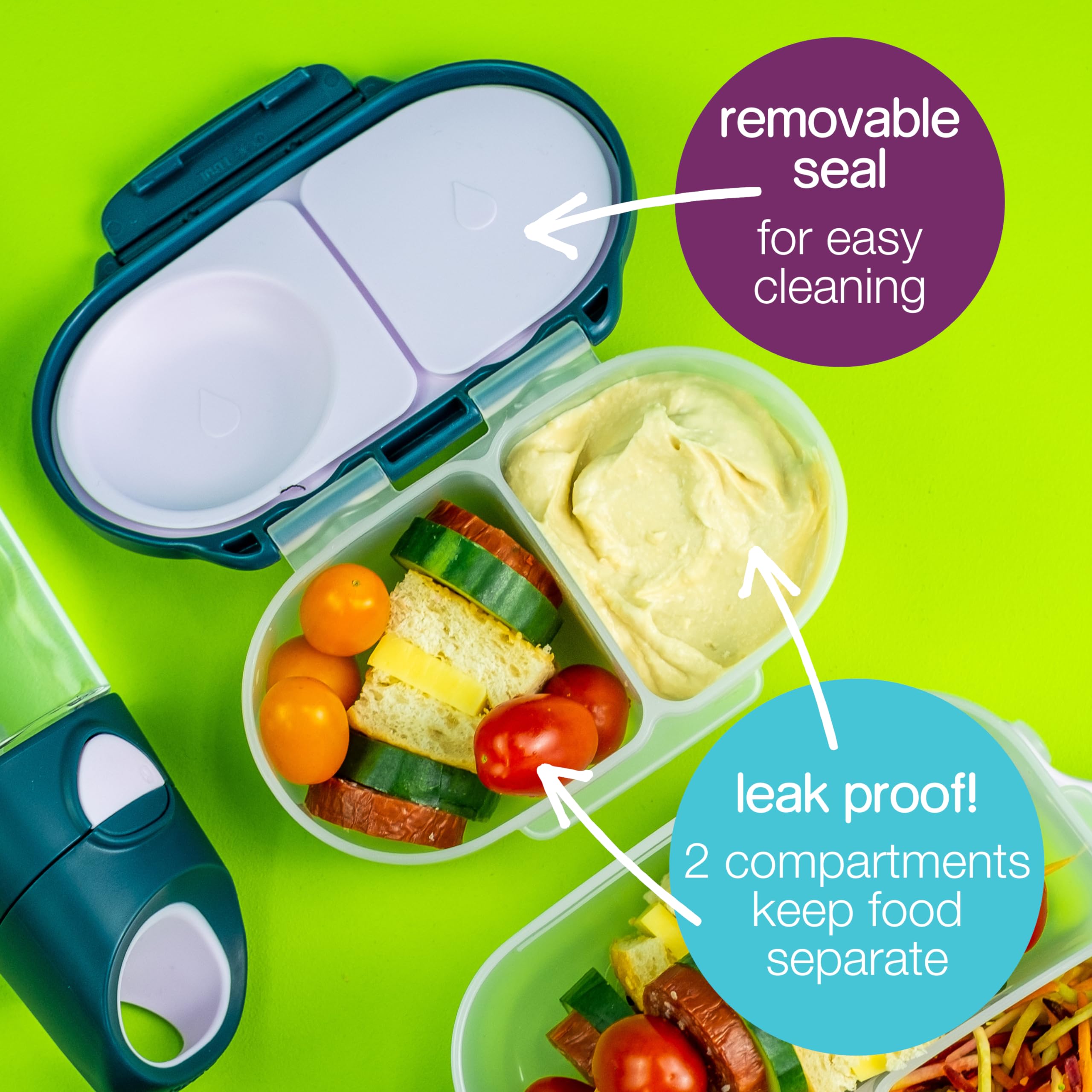 b.box Snack Box for Kids & Toddlers: 2 Compartment Containers, Mini Bento Lunch Box. Leak Proof, BPA free. Ages 4 months+ (Emerald Forest, 12oz capacity)