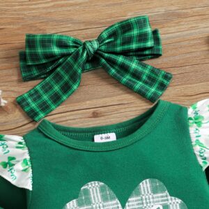 Newborn Baby Girls Ruffle Jumpsuit Long Sleeve Clover Romper One-Piece St. Patrick Day Outfits+Headband (0-3 Months, Green)