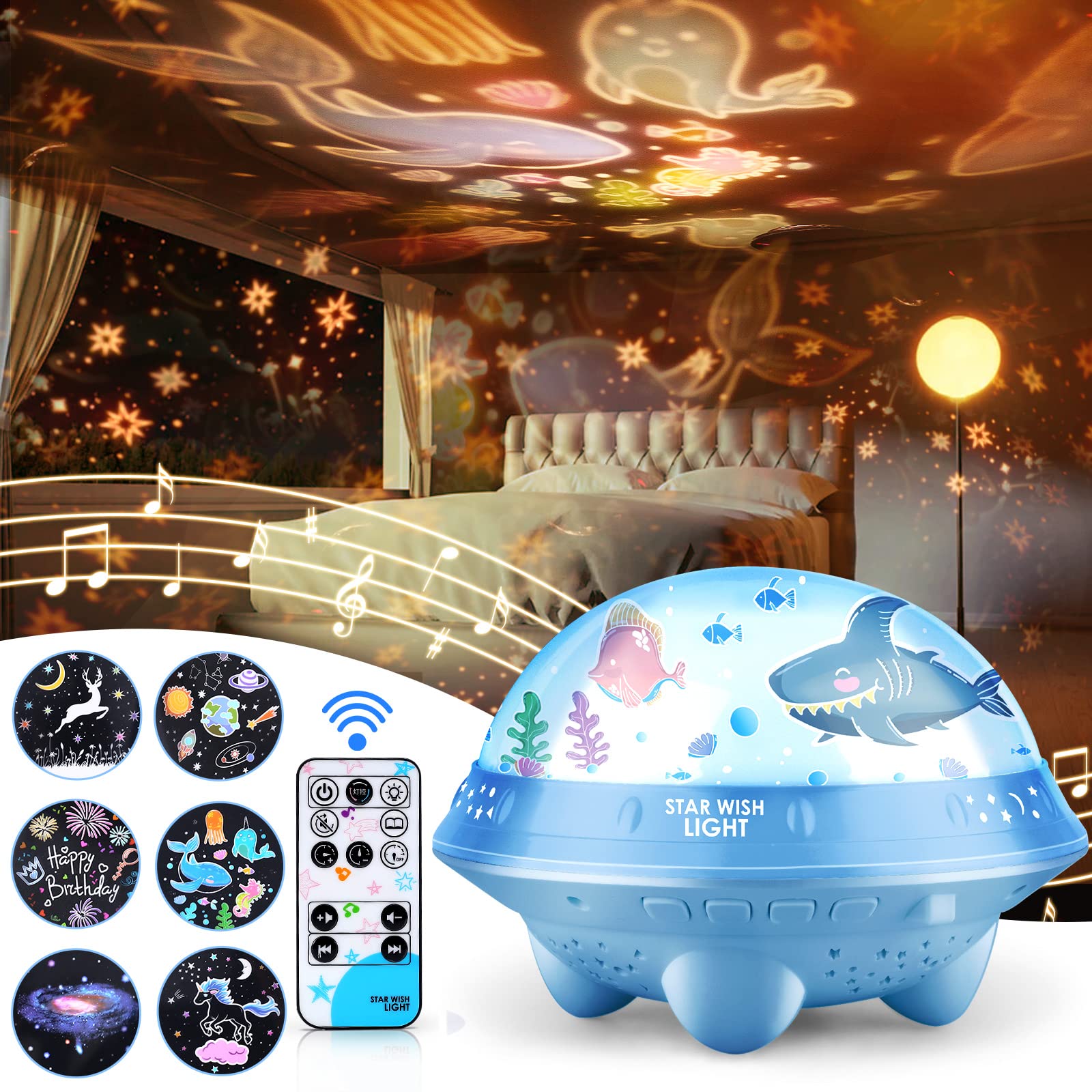 O WOWZON New Upgrade Night Light Musical Projector Star Light Projector for Bedroom, 5 Lighting Modes Mood Lights for Baby Kids Room with Remote Control,7 Sets of Film,255 Stories&Songs