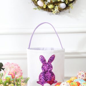 Easter Baskets for Kids - Boys and Girls Easter Egg Hunt Baskets, Cute Sequin Easter basketRabbit Bunny Printed Canvas Gift Basket for Baby, Easter Decorations Party Supplies (G-Purple and Pink)