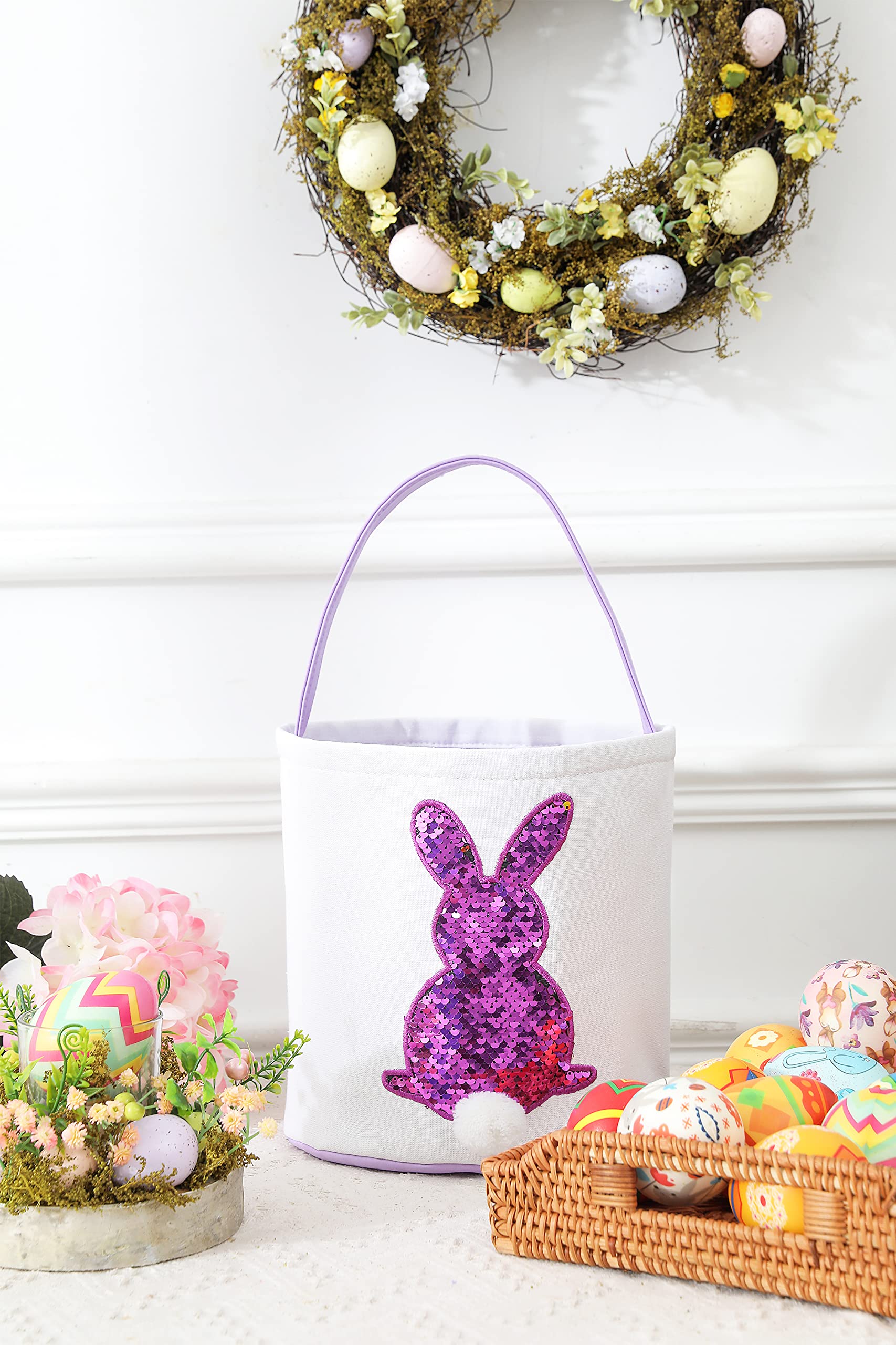 Easter Baskets for Kids - Boys and Girls Easter Egg Hunt Baskets, Cute Sequin Easter basketRabbit Bunny Printed Canvas Gift Basket for Baby, Easter Decorations Party Supplies (G-Purple and Pink)