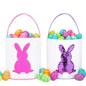 easter baskets for kids - boys and girls easter egg hunt baskets, cute sequin easter basketrabbit bunny printed canvas gift basket for baby, easter decorations party supplies (g-purple and pink)