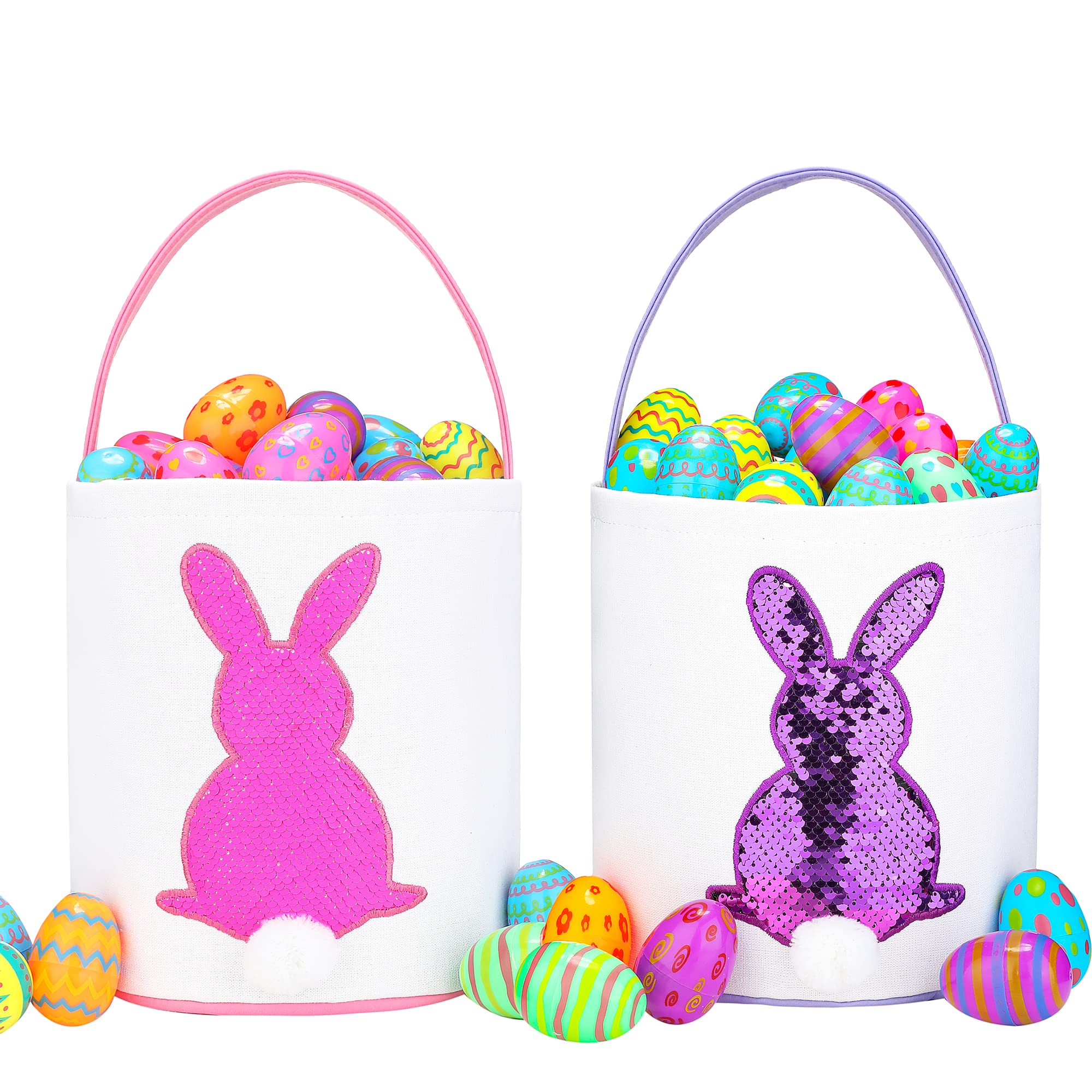 Easter Baskets for Kids - Boys and Girls Easter Egg Hunt Baskets, Cute Sequin Easter basketRabbit Bunny Printed Canvas Gift Basket for Baby, Easter Decorations Party Supplies (G-Purple and Pink)