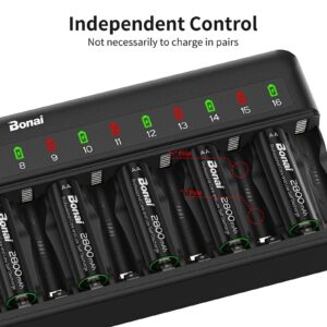 BONAI AA AAA Battery Charger 16 Bay for NiMH NiCD Rechargeable Batteries Independent Control with LED Light and Standard American AC Charging Plug, Battery not Included - Black