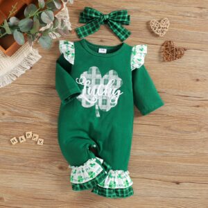 Newborn Baby Girls Ruffle Jumpsuit Long Sleeve Clover Romper One-Piece St. Patrick Day Outfits+Headband (0-3 Months, Green)