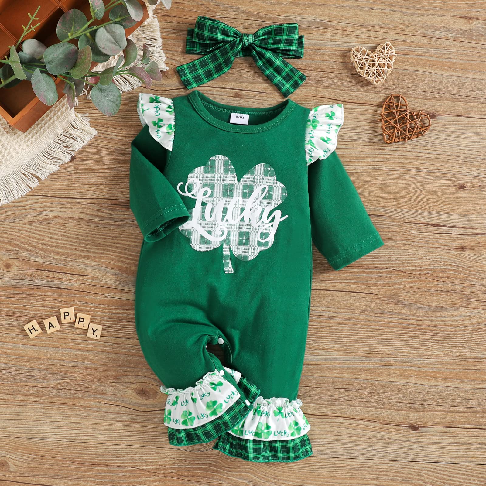 Newborn Baby Girls Ruffle Jumpsuit Long Sleeve Clover Romper One-Piece St. Patrick Day Outfits+Headband (0-3 Months, Green)