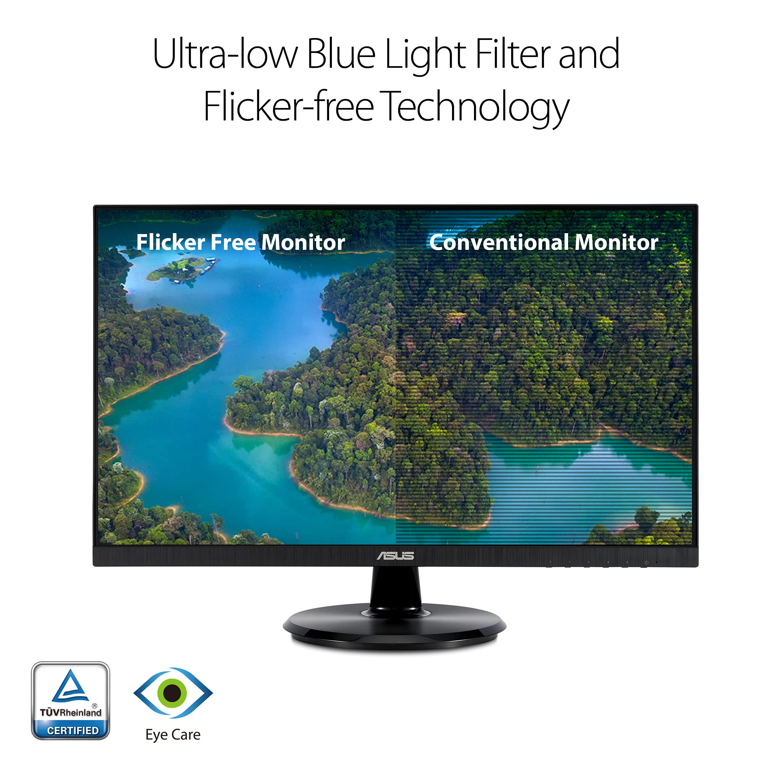 ASUS 23.8” 1080P Monitor (VZ24EHE) - Full HD, IPS, 75Hz, 1ms, Adaptive-Sync/FreeSync, Low Blue Light, Flicker Free, Ultra-Slim, VESA Mountable, Frameless, HDMI, VGA (Renewed)