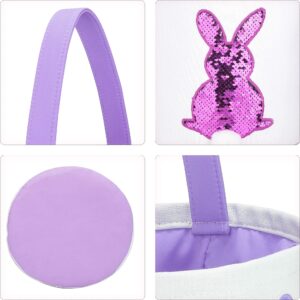 Easter Baskets for Kids - Boys and Girls Easter Egg Hunt Baskets, Cute Sequin Easter basketRabbit Bunny Printed Canvas Gift Basket for Baby, Easter Decorations Party Supplies (G-Purple and Pink)