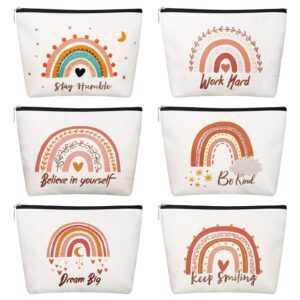 chengu 6 pcs big canvas rainbow heart cosmetic bags, 10 x 7.5 inch inspirational gifts for women motivational quotes makeup bag for women girls birthday friend teacher graduation gift (boho)