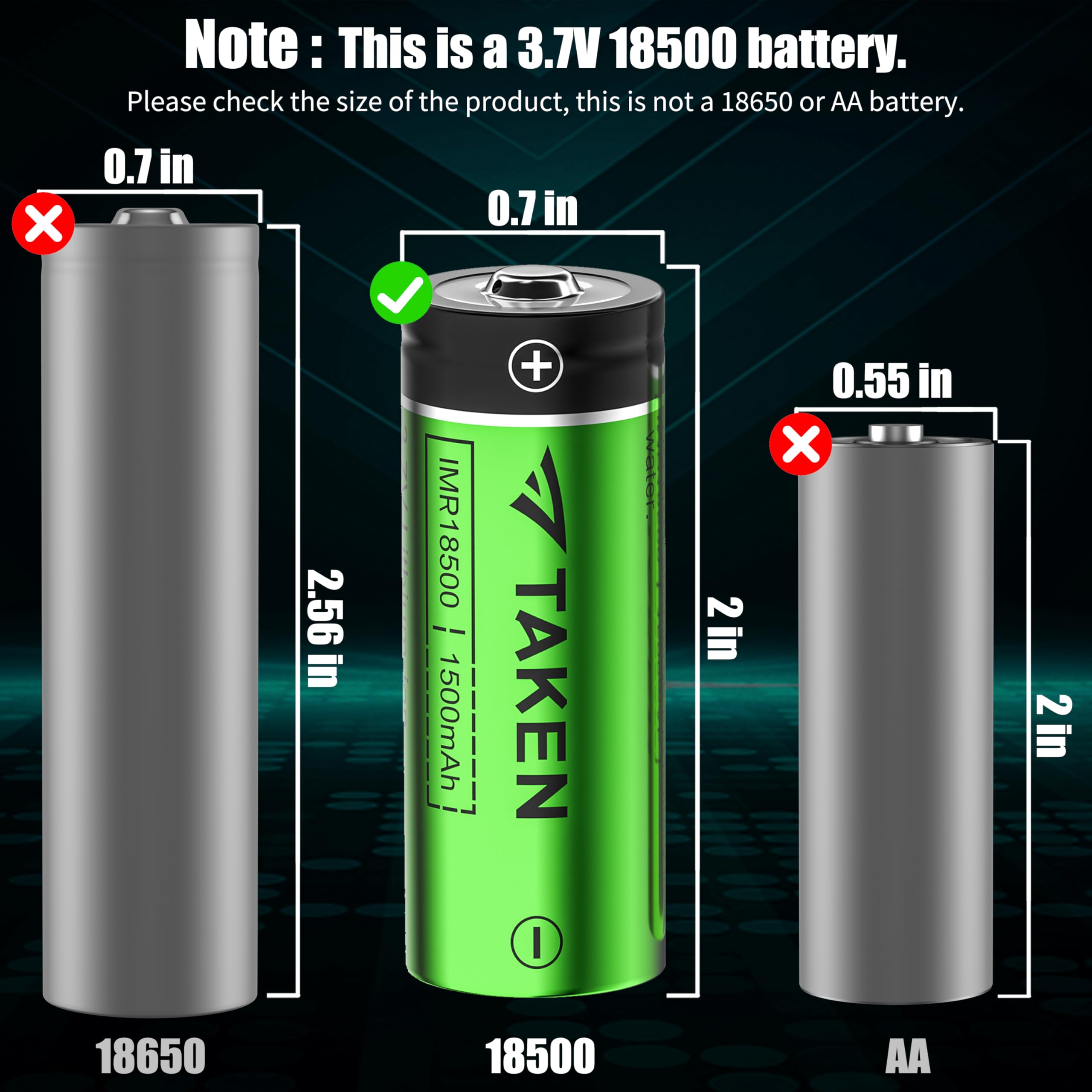 Taken 18500 Rechargeable Batteries, 3.7V 1500mAh Li-ion IMR 18500 Battery with Button Top for Flashlight, Solar Garden Light - 8 Pack