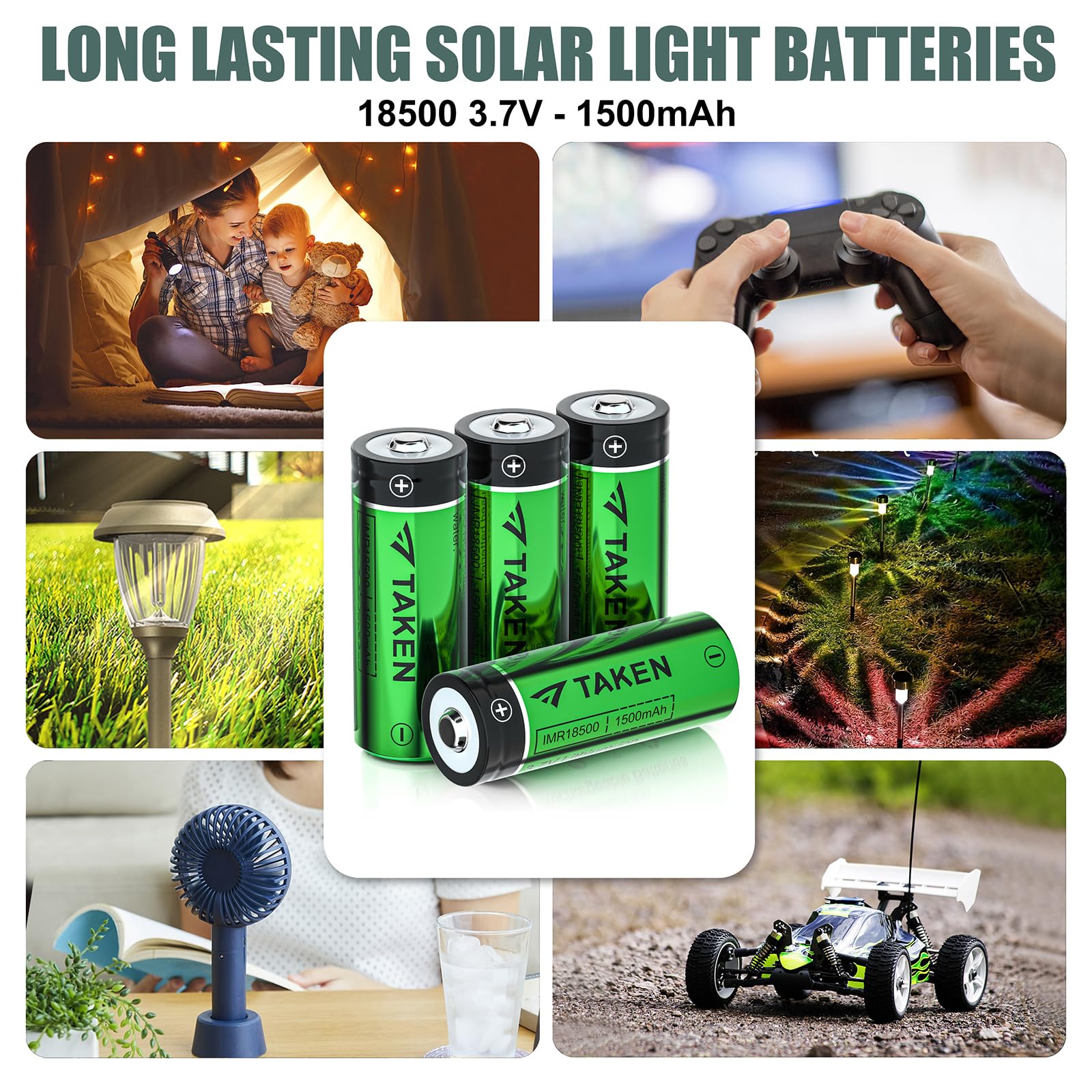 Taken 18500 Rechargeable Batteries, 3.7V 1500mAh Li-ion IMR 18500 Battery with Button Top for Flashlight, Solar Garden Light - 8 Pack