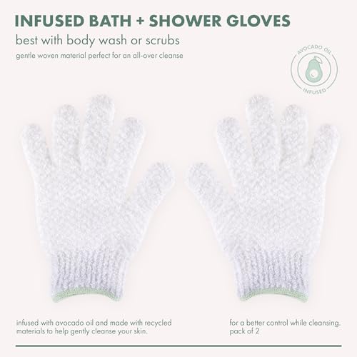 EcoTools Gentle Bath + Shower Gloves, Exfoliating Gloves Remove Dead Skin & Cleanse The Whole Body, Bath Gloves Infused with Avocado Oil to Scrub & Hydrate, Cruelty Free, 1 Pair (2 Gloves)