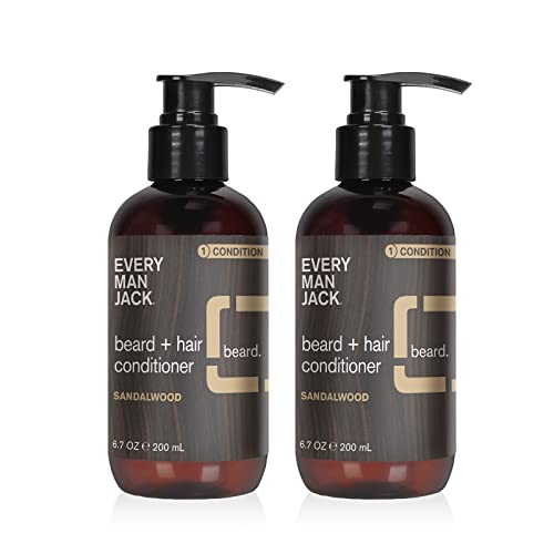 Every Man Jack Beard + Hair Conditioner - Subtle Sandalwood Fragrance - Conditions, Softens, and Strengthens Your Beard - Naturally Derived with Shea Butter and Cocoa Butter - 6.7-ounce Twin Pack