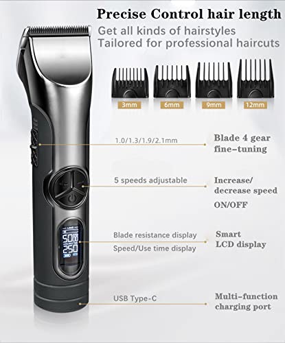 Professional Hair Hair Clippers for Men,T-Blade Zero Gapped Cordless Hair Trimmer Edger Clipper for Hair Cutting Rechargeable Hair Liners Electric Beard Trimmer Shaver With LED Display (sliver)