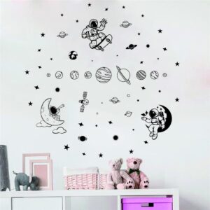 ANFRJJI Astronaut Wall Sticker - Removable PVC Vinyl Decals of Space Scooter, Telescope, Satellite and Planets - Cosmic Space Wall Decor for Kids Room, Game Room and Nursery - Galaxy Adventure Wall Art (Black-JWH214-Astronaut)