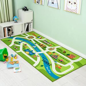 kids rug play mat for toy cars,fun country rugs with roads for bedroom and kidrooms,car rug to have fun on,area rug mat with non-slip backing,car mat great for playing with cars and toys