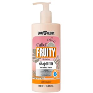 soap & glory call of fruity body lotion - moisturizing body lotion with vitamin e, coconut oil & aloe extracts - tropical fruits, juicy melon & hibiscus cocoa butter for dehydrated skin (500ml)