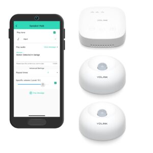 yolink speakerhub & two motion sensor smart home and security kit – audio hub plays tones/sounds, spoken messages, lora-powered ¼ mile range, wifi required