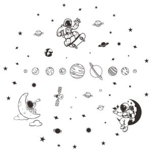 anfrjji astronaut wall sticker - removable pvc vinyl decals of space scooter, telescope, satellite and planets - cosmic space wall decor for kids room, game room and nursery - galaxy adventure wall art (black-jwh214-astronaut)