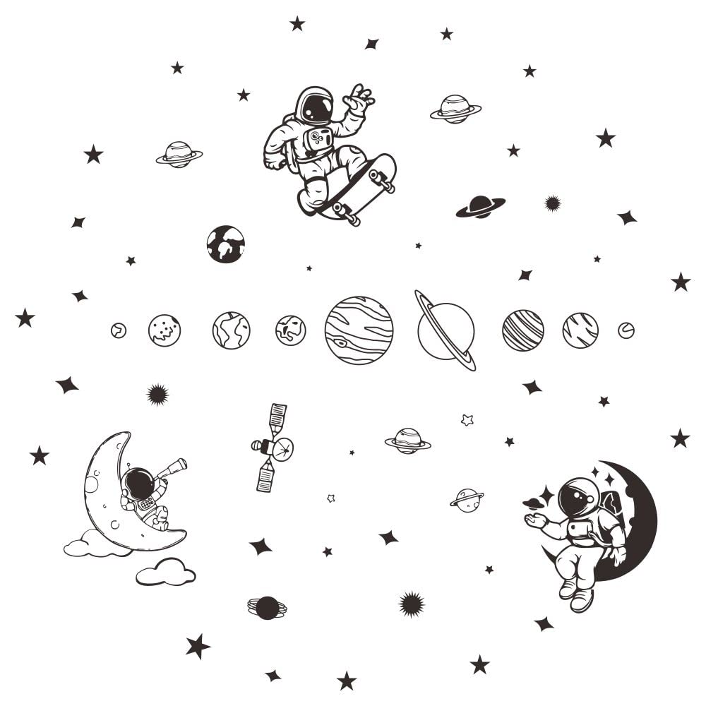 ANFRJJI Astronaut Wall Sticker - Removable PVC Vinyl Decals of Space Scooter, Telescope, Satellite and Planets - Cosmic Space Wall Decor for Kids Room, Game Room and Nursery - Galaxy Adventure Wall Art (Black-JWH214-Astronaut)