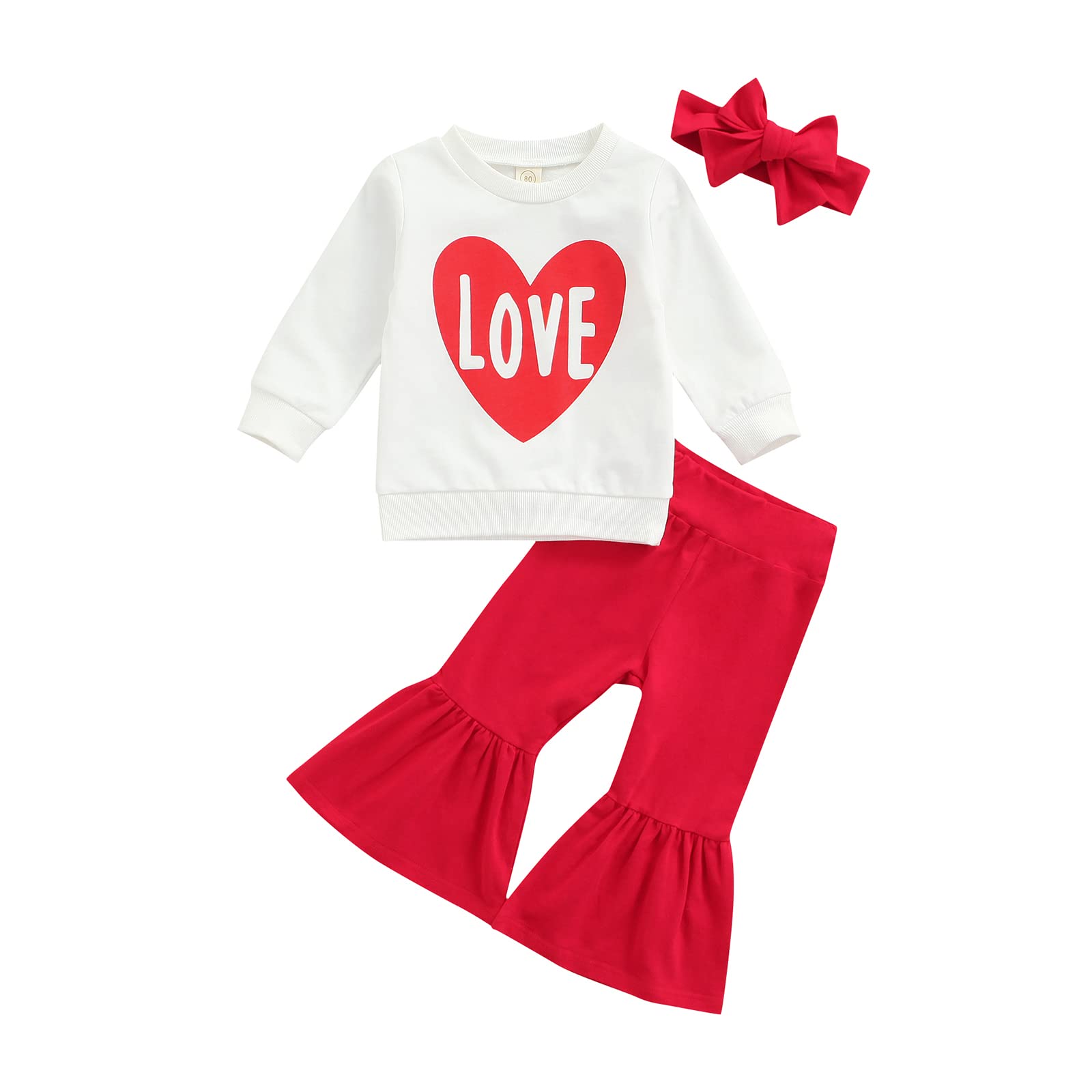 oneflow Toddler Baby Girls Valentines Day Outfits Love Heart Print Shirt Pullover Top Flared Pants Fall Spring Clothes Set (18-24 Months,A-Red Flared Outfit)