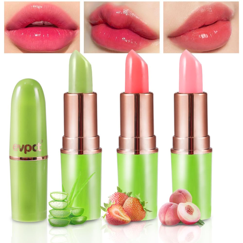 BINGBRUSH Color Changing Lipstick Queen,PH Mood Long Lasting Lip Gloss Korean Lip Balm Tinted Magic Makeup Moisturize Lipstick Set (3pcs Aloe+Strawberry+ Peach, 3 Count (Pack of 1))