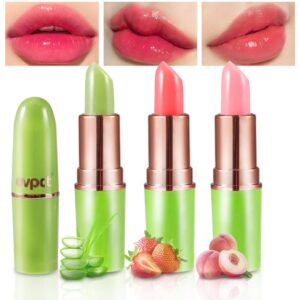 bingbrush color changing lipstick queen,ph mood long lasting lip gloss korean lip balm tinted magic makeup moisturize lipstick set (3pcs aloe+strawberry+ peach, 3 count (pack of 1))