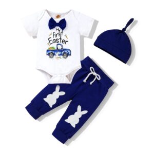 grnshts baby boy my first easter pants set newborn boys short sleeve romper + rabbit long pants 3pcs easter clothes(blue,3-6m)