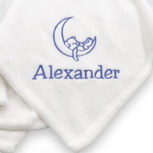 tender loving stitches - soft white baby blanket - personalized with baby’s name and cute moon and bear