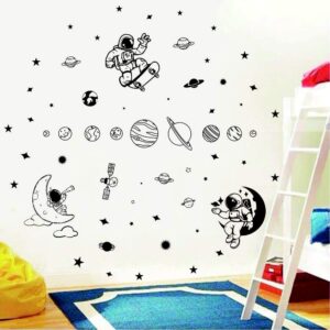 ANFRJJI Astronaut Wall Sticker - Removable PVC Vinyl Decals of Space Scooter, Telescope, Satellite and Planets - Cosmic Space Wall Decor for Kids Room, Game Room and Nursery - Galaxy Adventure Wall Art (Black-JWH214-Astronaut)